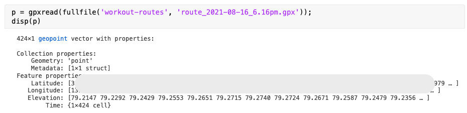 【MATLAB】R2021b のreadgeotable でApple Watch のワークアウトgpx ファイル読取
